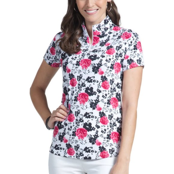 IBKUL | Tops | Ibkul Xenia Zip Mock Neck Short Sleeve Top In Redblack ...